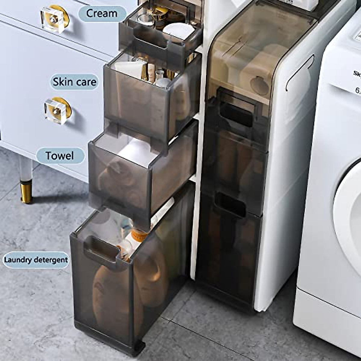 QQXX Freestanding Bathroom Floor Cabinet,Large 2/3/4 Tier Narrow Dresser,with Clear Drawers & Wheels Slim Toilet Storage Drawers Tower,for Small Spaces and Gaps, Toilet Bathroom Storage Floor Cabinet