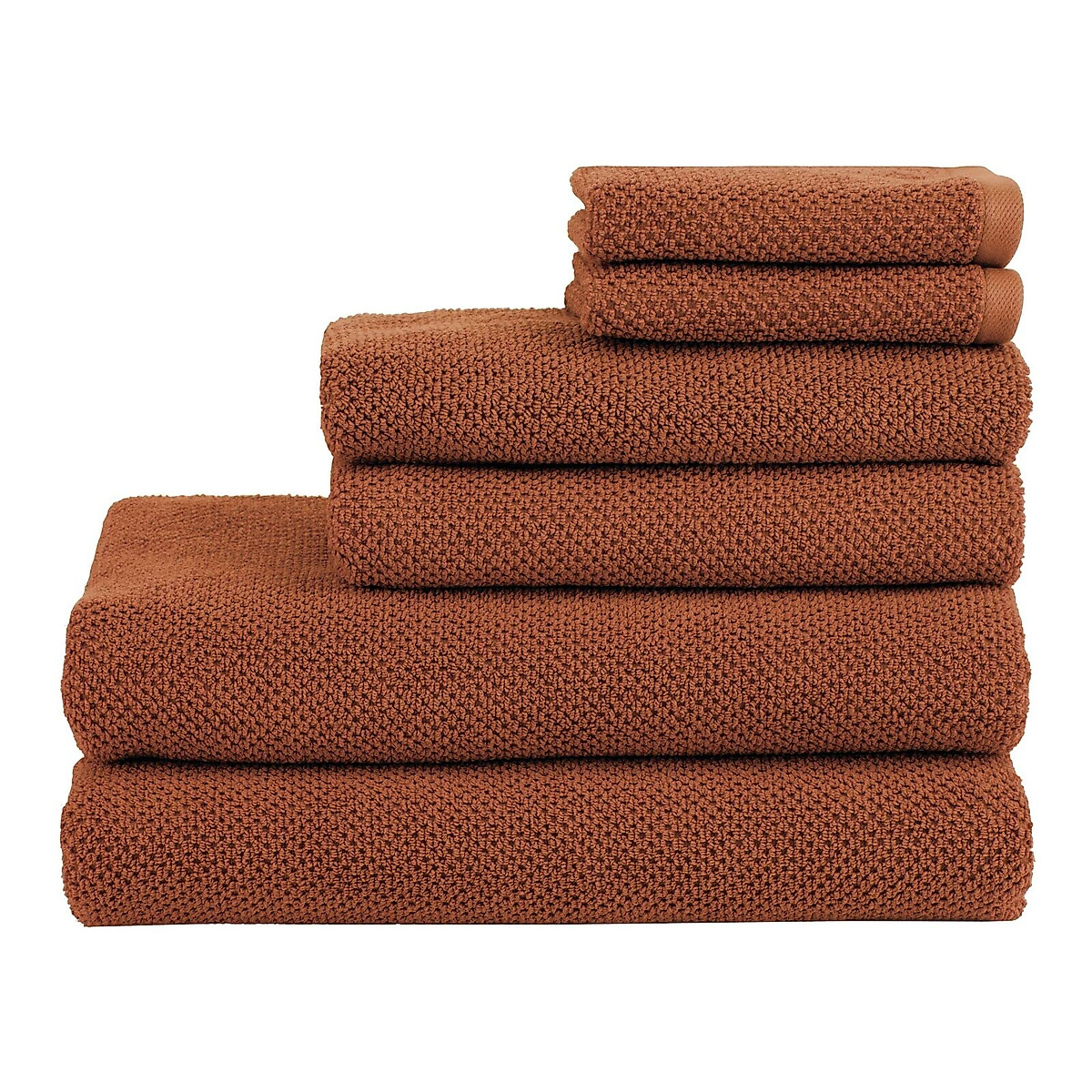 Nate Home by Nate Berkus 100% Cotton Textured Rice Weave 6-Piece Towel Set | 2 Bath Towels, Hand Towels, and Washcloths, Soft and Absorbent for Bathroom from mDesign - Set of 6, Sienna (Brown)