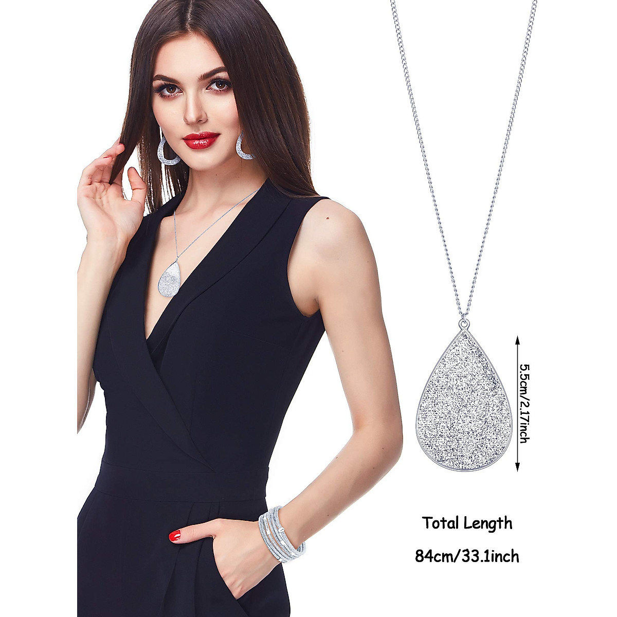 4 Pieces Women's Glitter Jewelry Set Bridal Wedding Multi-Layer Bracelet Faux Leather Dangle Earrings Necklace (Silver)