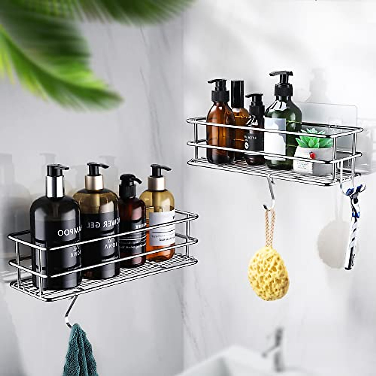 ENIBOE Shower Caddy Adhesive Shower Shelves with 4 Hooks Shower Organizer No Drilling Shower Racks for Inside Shower Wall Mounted Shower Storage for Bathroom Kitchen, Sliver