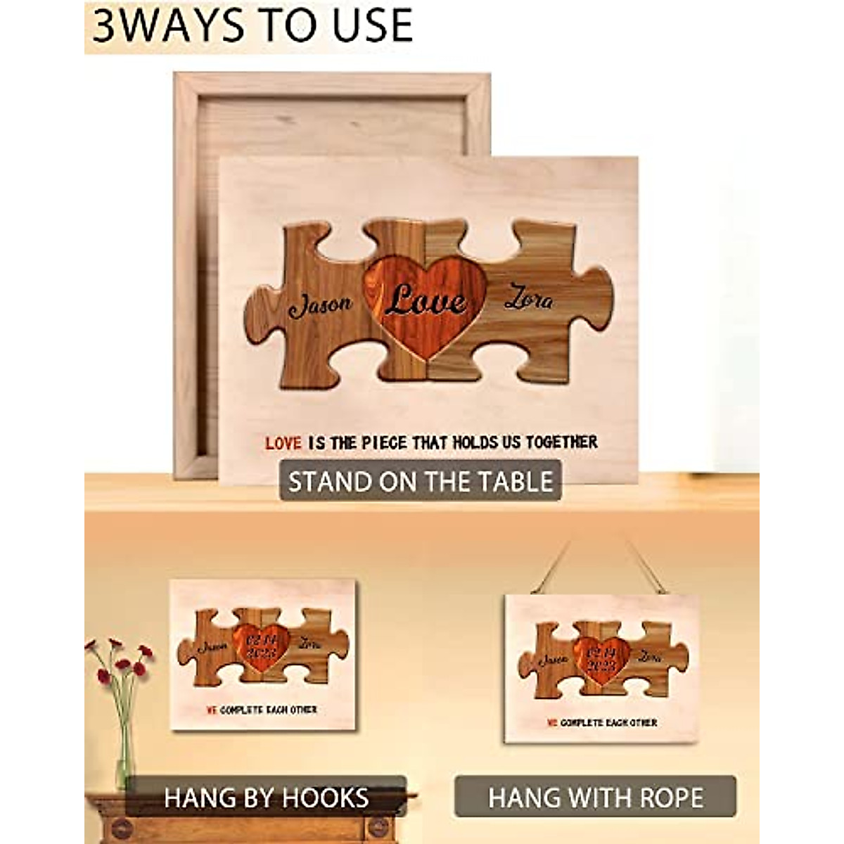 Bohva Personalized Couple Names Sign, Valentines Day Anniversary Wedding Gifts Idea for Him Her, Birthday Gift for Husband Wife Boyfriend Girlfriend, Custom Heart Puzzle Pieces Print On Wood