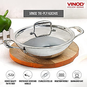 Vinod Platinum Kadai Triply Stainless Steel | Suitable For Indian Cooking, Sauces, Stews, Soups | Deep/Extra Deep Kadai With Lid | Induction, Electric Friendly (Extra Deep Kadai, 24cm)
