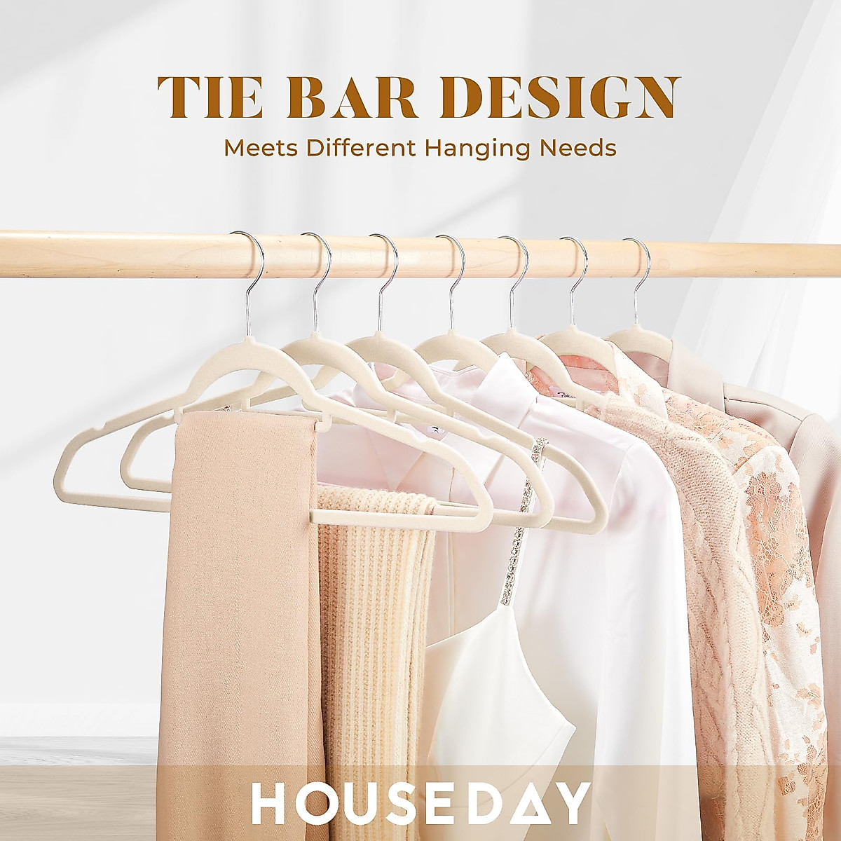 HOUSE DAY Velvet Hangers with Tie Bar 20 Pack Ivory, Clothes Hangers Non-Slip, Space Saving Felt Hangers for Pants, Coat, Suits, Shirt, Scarf, No Hanger Marks