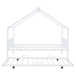 Metal House Bed for Kids, Full Size Bed Frame with Trundle Bed Twin, Kids Bed Frame with Headboard and Footboard, Full Size House Bed for Kids, Girls, Boys(Full White)
