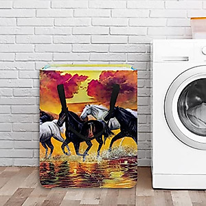 Horses Runs in Splashes Water Print Collapsible Laundry Hamper, 60L Waterproof Laundry Baskets Washing Bin Clothes Toys Storage for Dorm Bathroom Bedroom