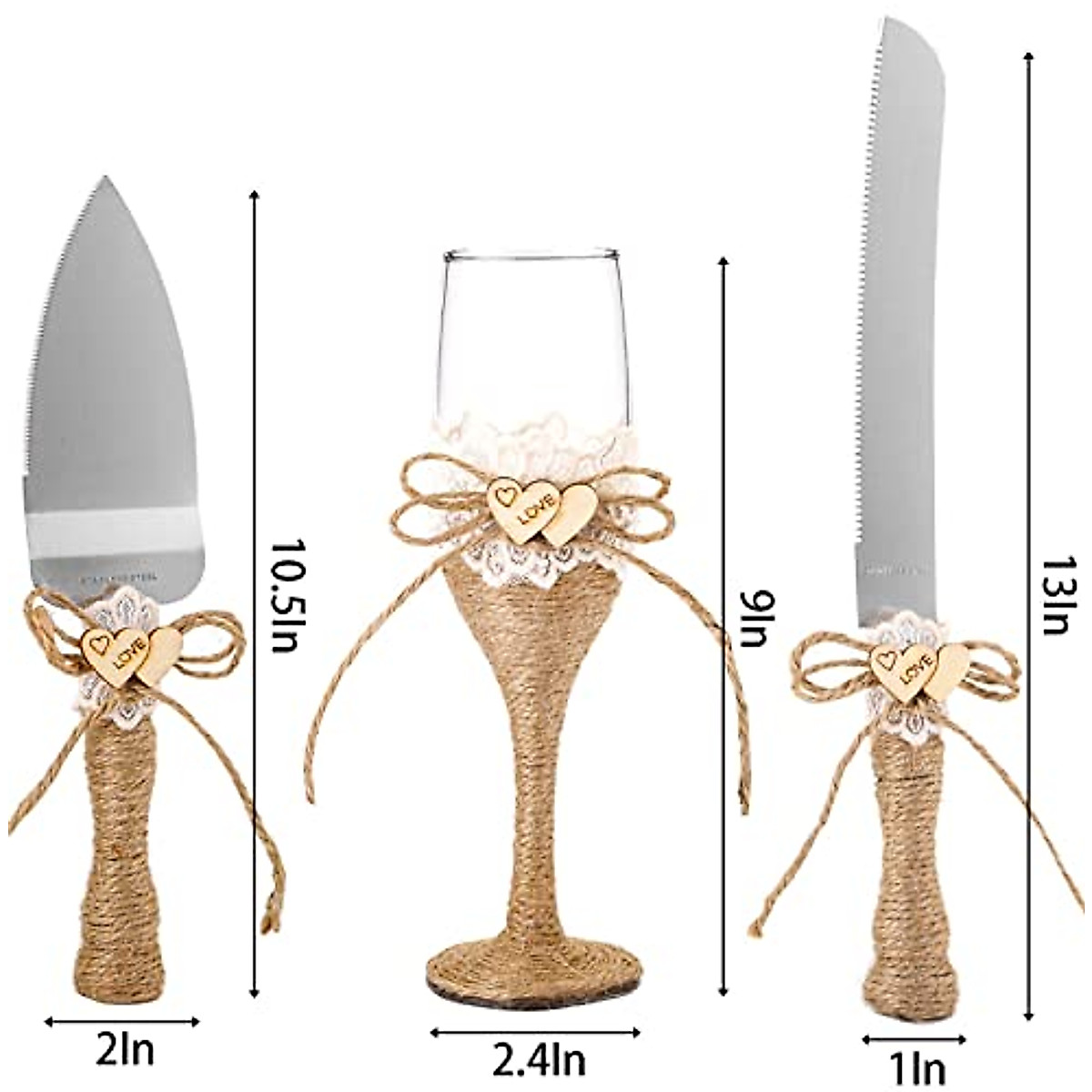WUWEOT Cake Knife and Server Set with Champagne Glasses, Rustic Wedding Supplies with Jute Handles and Wood Heart for Wedding, Birthdays, Anniversaries, Parties, Rustic Bride Groom Gifts