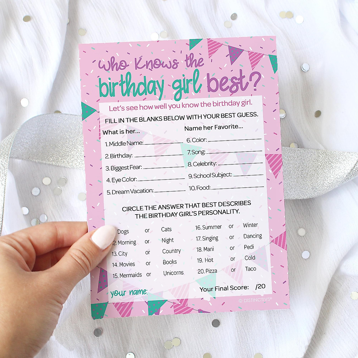 DISTINCTIVS Who Knows The Birthday Girl Best Party Game - 10 Game Cards - Girly Pink and Purple Tween Birthday Party Supplies