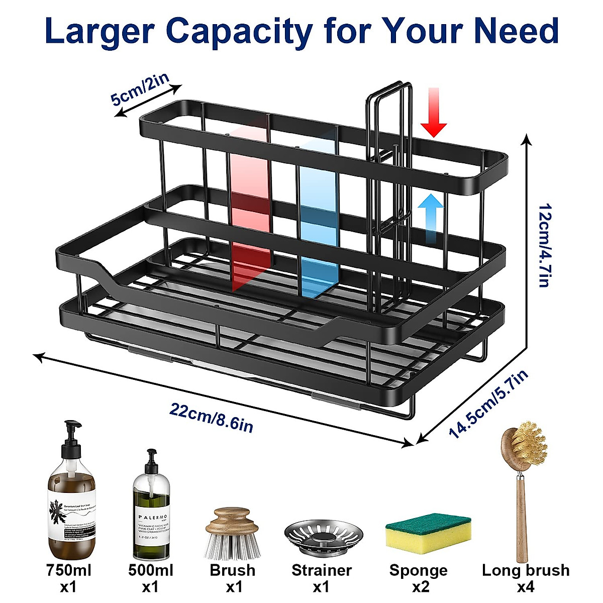 MFTEK Kitchen Sink Caddy Sponge Holder, Large Sponge Holder for Kitchen Sink Countertop Organizer, Soap Holder Tray Dish Dispenser Storage Rack with Drain Tray, Black -Not Include Sponge, Brush