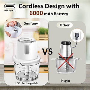 Food Processor Cordless, Small Food Chopper with 5-Cup Glass Bowl, 6000mAh Battery USB-C Rechargeable Electric Vegetable Chopper Meat Blender Kitchen Mixer for Garlic, Onion, Salad, Baby Food (White)