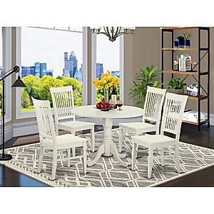 East West Furniture DLWE5-WHI-W 5 Piece Dining Table Set for 4 Includes a Round Kitchen Table with Dropleaf and 4 Dining Room Chairs, 42x42 Inch, Linen White