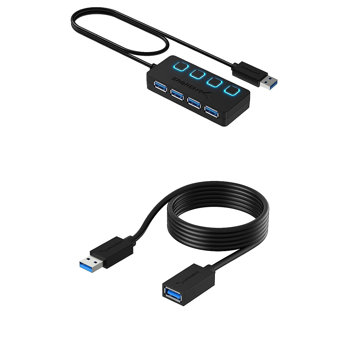 SABRENT 6 Ft 22AWG USB 3.0 Extension Cable - A-Male to A-Female in Black + 4-Port USB 3.0 Hub