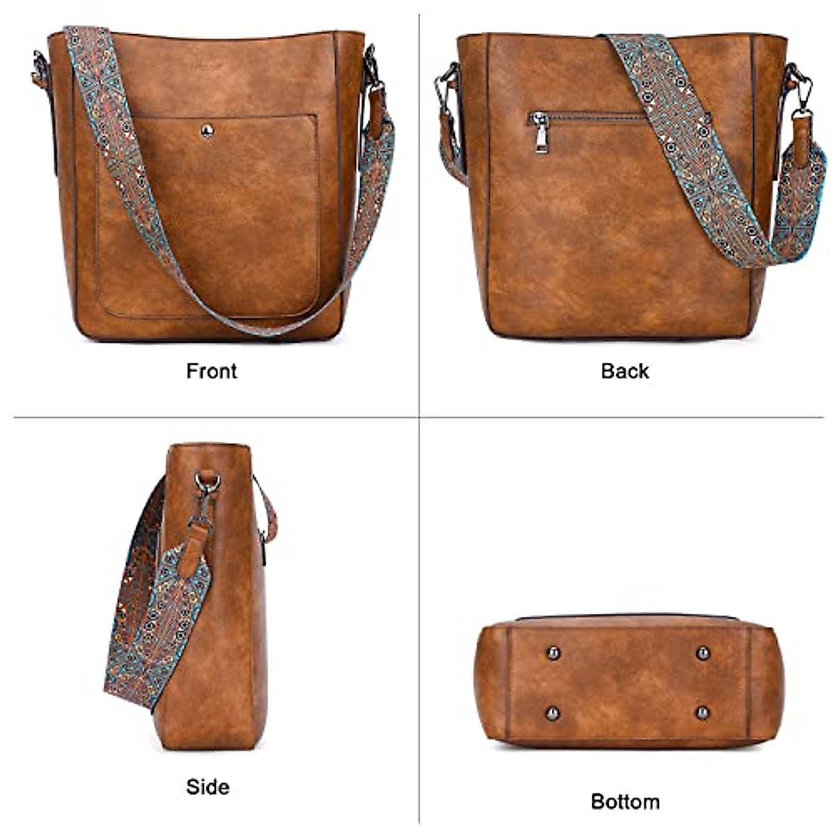 HKCLUF Crossbody Bags for Women Vegan Leather Boho Bucket Bag With 2PCS Replaceable Guitar Strap Crossbody Purse and Handbags(Brown)