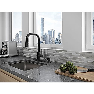 Pfister Zanna Kitchen Faucet with Pull Down Sprayer and Soap Dispenser, Single Handle, High Arc, Matte Black Finish, F5297ZNRB