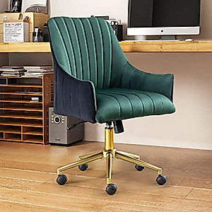 Desk Chair for Home Office Velvet Modern Accent Chair Upholstered Tufted Green Office Chair with Gold Base Swivel Wheels and Adjustable Height Armchair Study Work Stool Vanity Chair for Women, Girls