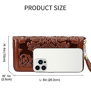 PIJUSHI Leather Wallets For Women Floral Wristlet Wallet Card Holder Purse (91853 Brown)