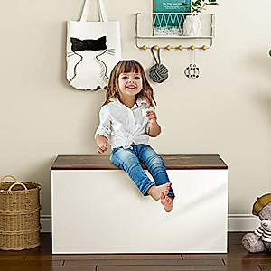 Costzon Kids Toy Box Storage Chest, Wooden Children Storage Bench Ottoman Trunk w/Flip-top Lid, 35.5” Wide Toddler Cabinet Organizer w/Pneumatic Rod for Kids Play Room Nursery (Rustic Brown + White)