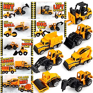 JOYIN 28 Pack Valentines Party Gift Cards with Mini Construction Vehicle Toy Set for Kids Valentine's Classroom Exchange Prizes Valentine Party Favor Toys Including Dump Truck, Excavator and More
