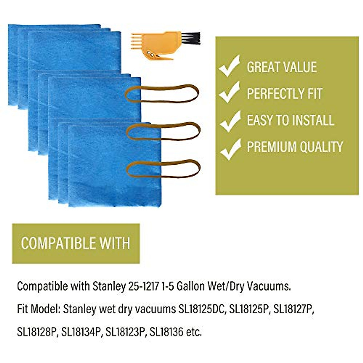 S SMILEFIL 9 Pack Blue Cloth Reusable Dry Filter Bags Compatible with Stanley 25-1217 1-5 Gallon Wet/Dry Vacuums