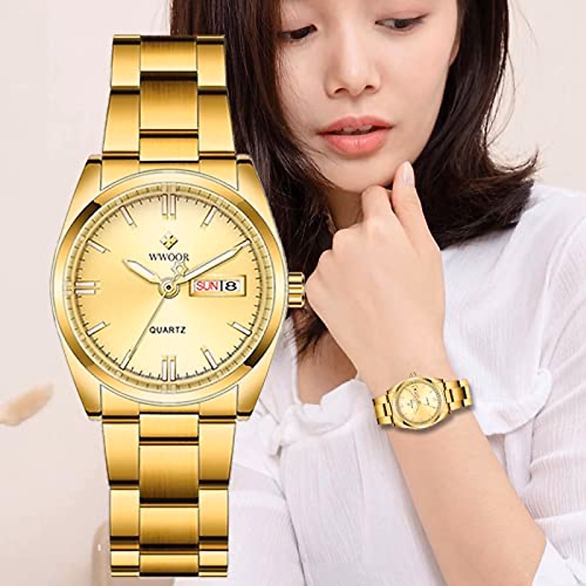 Women's Silver Stainless Steel Band Wrist Watches Fashion Quartz Analog Watch Small Face Ladies Dress Watch (Full Gold)