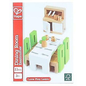 Hape Wooden Doll House Furniture Dining Room Set with Accessories| 1:12 Scales Miniature Dollhouse Furniture