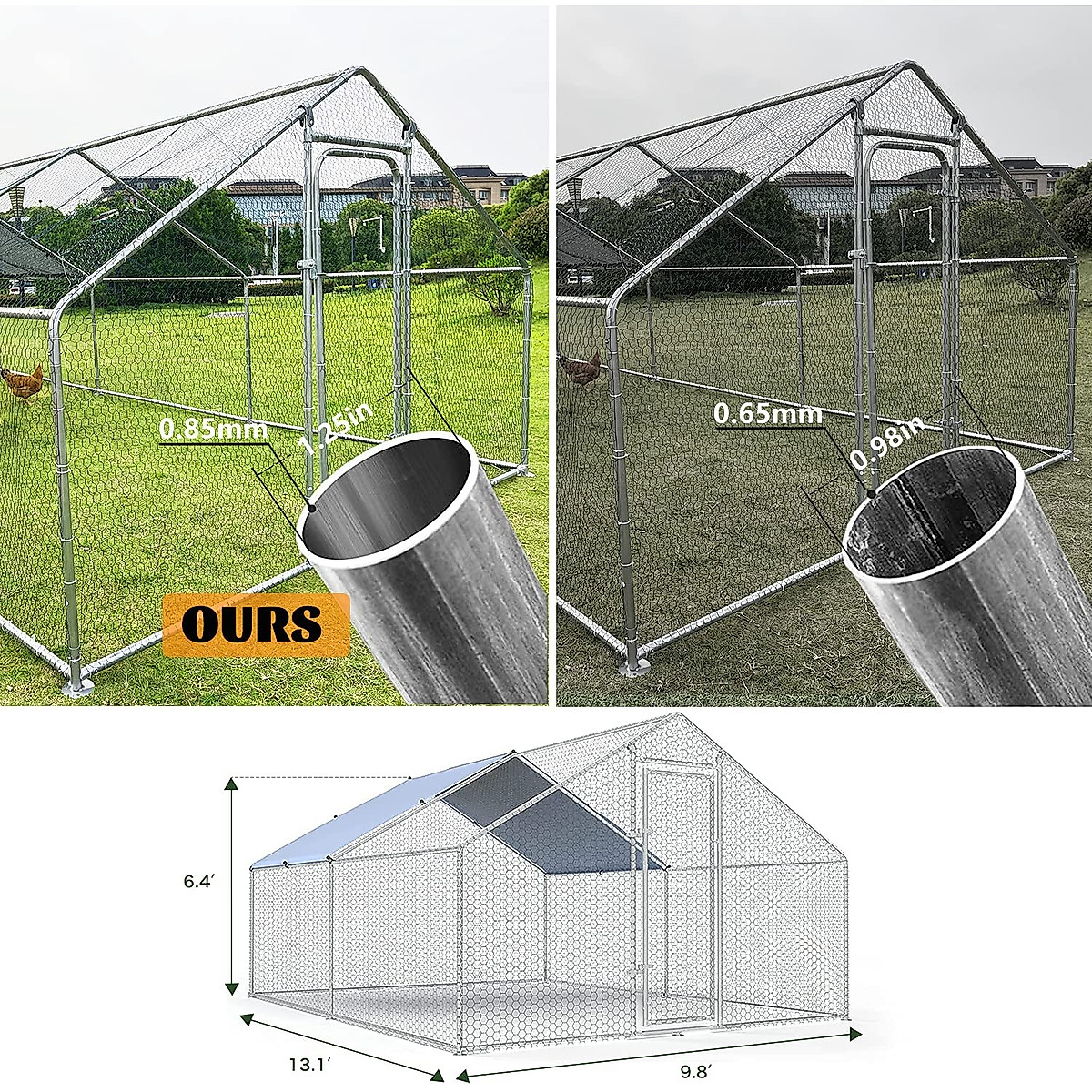 Large Metal Chicken Coop Walk-in Poultry Cage Chicken Run Pen Dog Kennel Duck House with Waterproof and Anti-Ultraviolet Cover for Outdoor Farm Use(9.8' L x 13.1' W x 6.4' H)