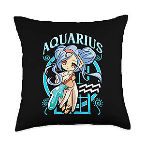 Aquarius Gift Women Girls Mom Aunt Sister Kids Aquarius Chibi Zodiac Sign Horoscope Kawaii Manga Cute Girly Throw Pillow, 18x18, Multicolor