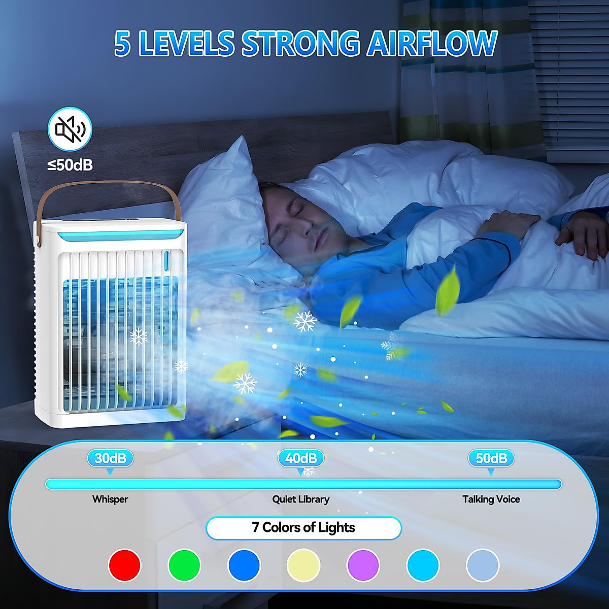 Portable Air Conditioners, Personal Mini Air Cooler Cooling Fan with 5 Wind Speeds, 680ml Evaporative Air Conditioner, 7 LED Light, 2 Cool Mist Air Conditioners Humidifier Fan for Room Bedroom Office