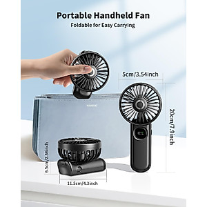 Handheld Fan, Foldable Portable Fan with LED Display, 3000mAh Battery Operated Mini Hand Held Fan, Handheld/Neck/Desk 3 in 1 Personal Small Fan for Eyelash Makeup Travel Beach Outdoor Black