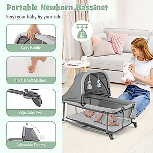 HONEY JOY Pack and Play with Bassinet, 4-in-1 Baby Playard with Changing Table & Removable Infant Full-Size Bassinet, Diaper Storage Basket & Music, Foldable Nursery Center w/Carry Bag (Gray)