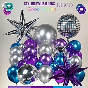 Chrome Purple and blue Disco Balloon garland Arch Kit 160pcs Metallic disco party decorations with Starburst disco ball balloons for Galaxy birthday 2024 graduation prom decorations