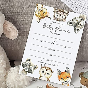 Bliss Collections 25 Baby Shower Invitations with Envelopes Woodland Animals, Forest Creatures, Fox, Owl, Racoon, Wolf, Hedgehog, Bobcat - Gender Neutral, 5x7 Cards