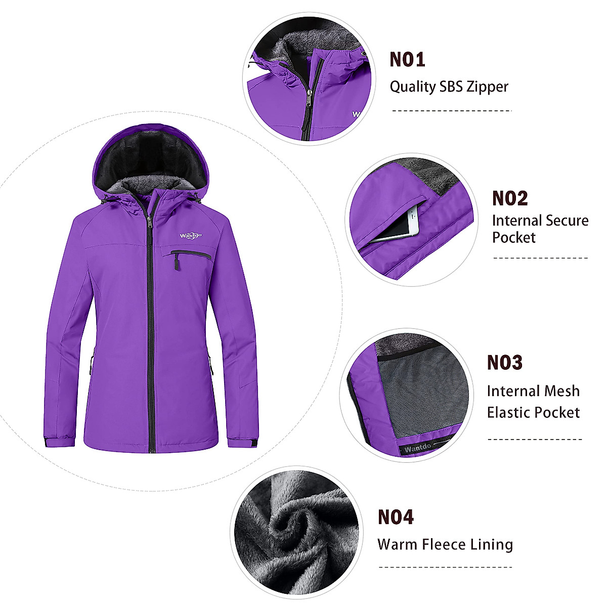 wantdo Women's Windproof Ski Jacket Cotton Padded Raincoat Windbreaker Purple S