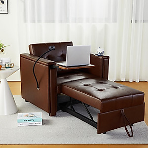 AVZEAR Sofa Bed, 4-in-1 Convertible Single Sofa Chair Bed with Pillow, Multi-Functional Sleeper Sofa Bed with Adjustable Backrest, Modern PU Sleeper Chair Bed for Apartment Small Space, Brown