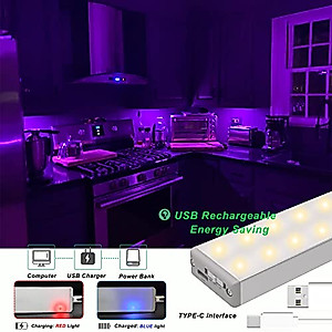 Under Cabinet Lighting Wireless, 48 LED 15 Colors Changeable Rechargeable RGB Under Cabinet Lights Remote Control Under Counter Lights Mini Night Light Bar for Indoor Display Shelf, 3 Pack