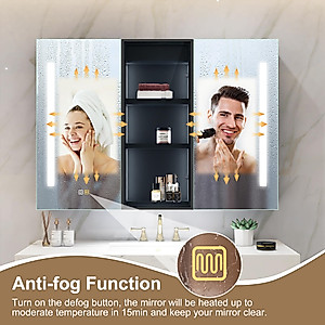 28"x40" Black-LED-Medicine-Cabinet-Mirror-for-Bathroom-with-Sockets, Medicine Cabinet with 3 Color Adjustment Dimmable and Anti-Fog, Medicine Cabinet with Lighted Storage Window & Adjustable Shelf