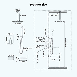 gotonovo Rain Mixer Shower Faucet Set Combo with Waterfall Tub Spout Rain Shower System Ceiling Mount Rainfall Shower Head with Handheld Spray Rough-in Valve and Trim Included Matte Black 12''
