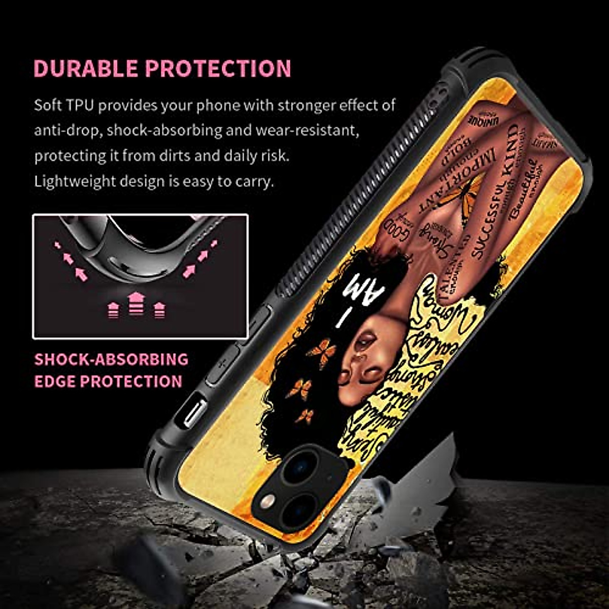 Goodsprout iPhone 13 Pro Max Case, Butterfly Sexy Black Girl Cases, Tempered Glass Back+Soft Silicone TPU Shock Protective Case for Apple Max(6.7 inch)