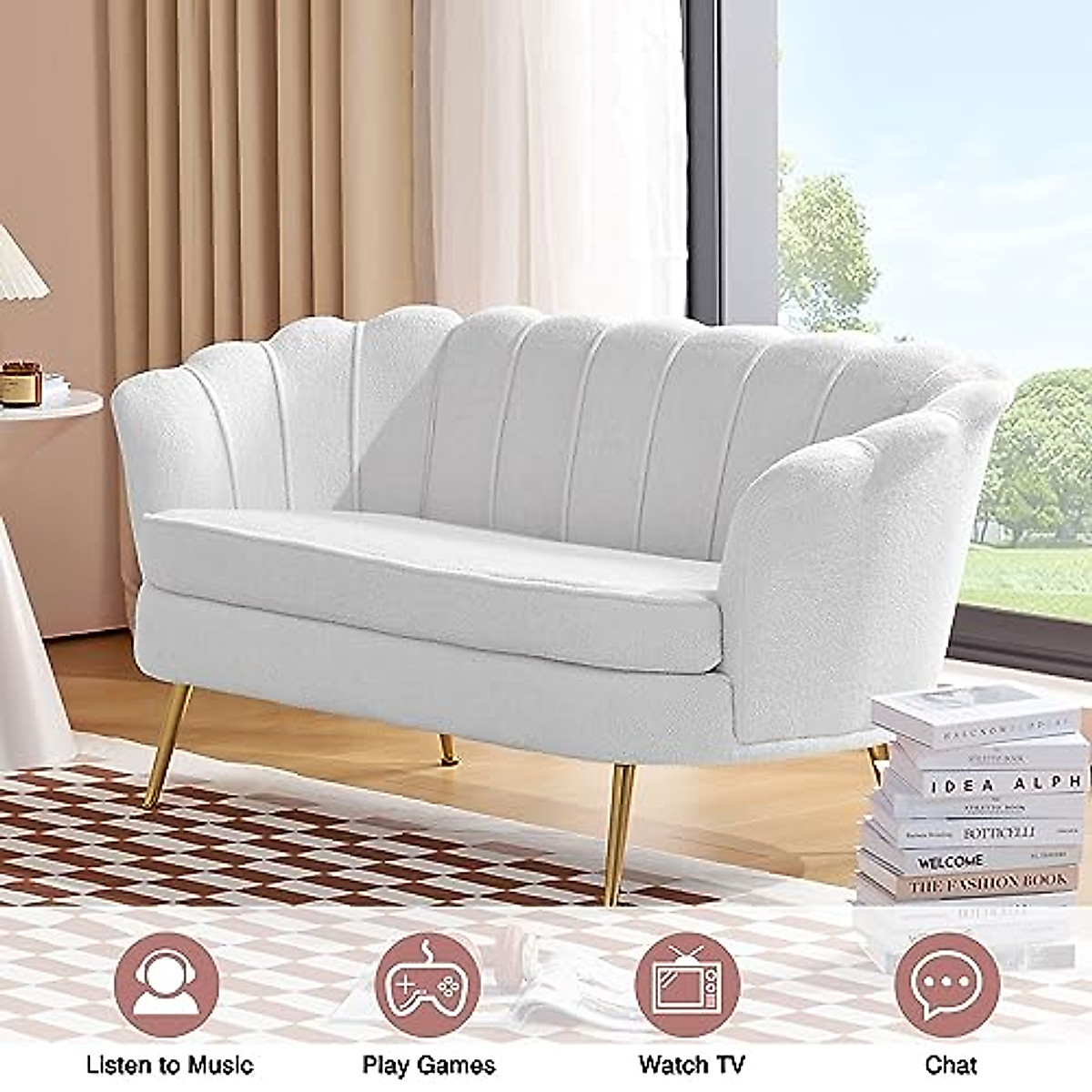QHITTY Velvet Loveseat, 58'' Teddy Velvet Sofa Accent Couch Settee Upholstered Chair, 2 Seater Small Loveseat for Small Spaces, Living Room (White)