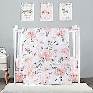 PINNKKU 3-Piece Mini Crib Bedding Set for Girls, Mini/Portable Crib Bedding Set for Girls, Blush Pink Flower Crib Skirt, Blanket, Crib Sheet, Fits Mini Crib Only