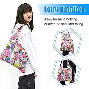 MRYUWB 6 Pcs Set Reusable Grocery Bags, Foldable Shopping Bags, Large Groceries Bags with Pouch Bulk, Ripstop, Easy Carrying，Waterproof, Eco-Friendly, Machine Washable Nylon Tote Bag (Shiny Flowers)