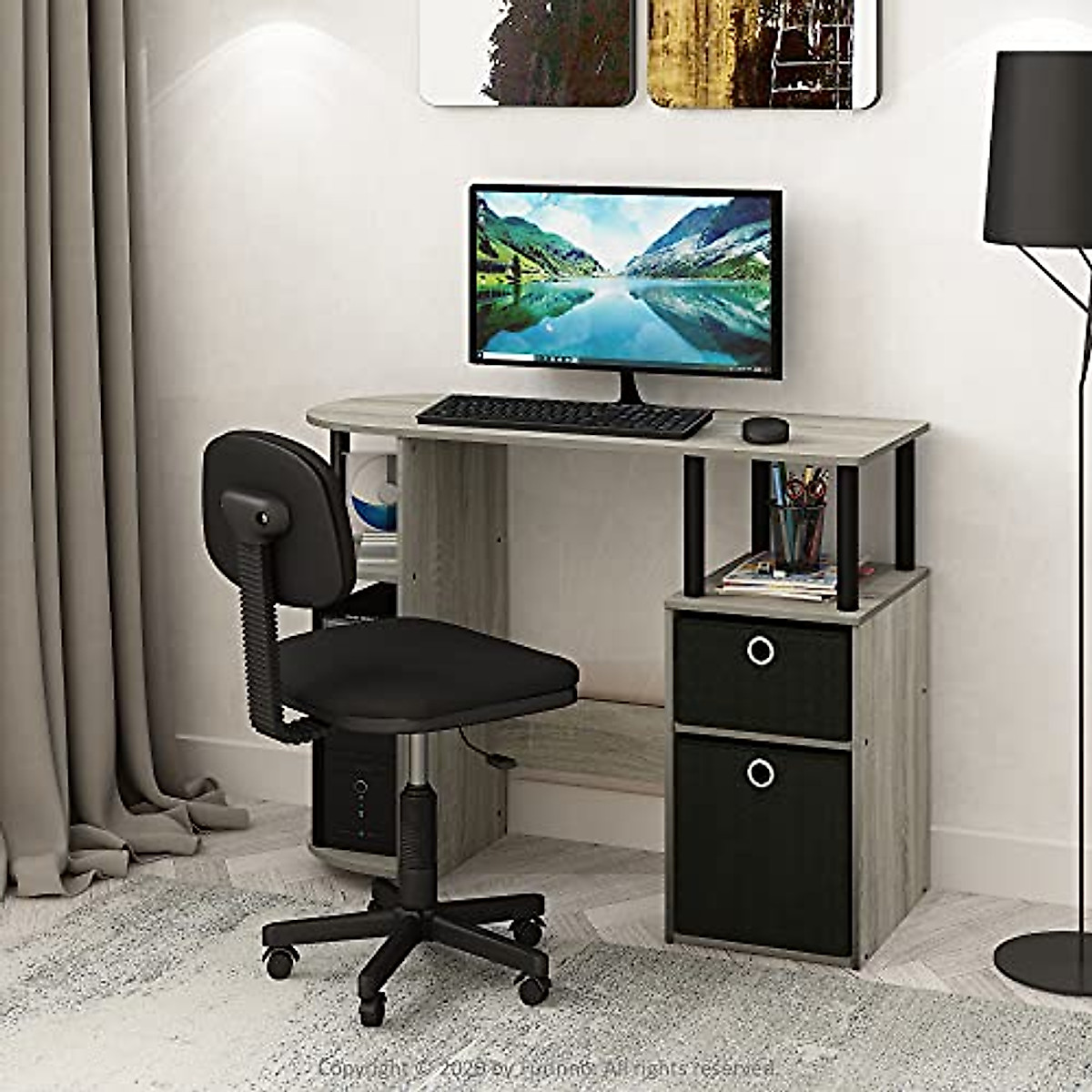 Furinno Jaya Simplistic Computer Study Desk, 15.6" D x 38.4" W x 28.5" H, French Oak Grey/Black & Andrey Set of 2 End Table/Side Table/Night Stand/Bedside Table with Bin Drawer, French Oak Grey