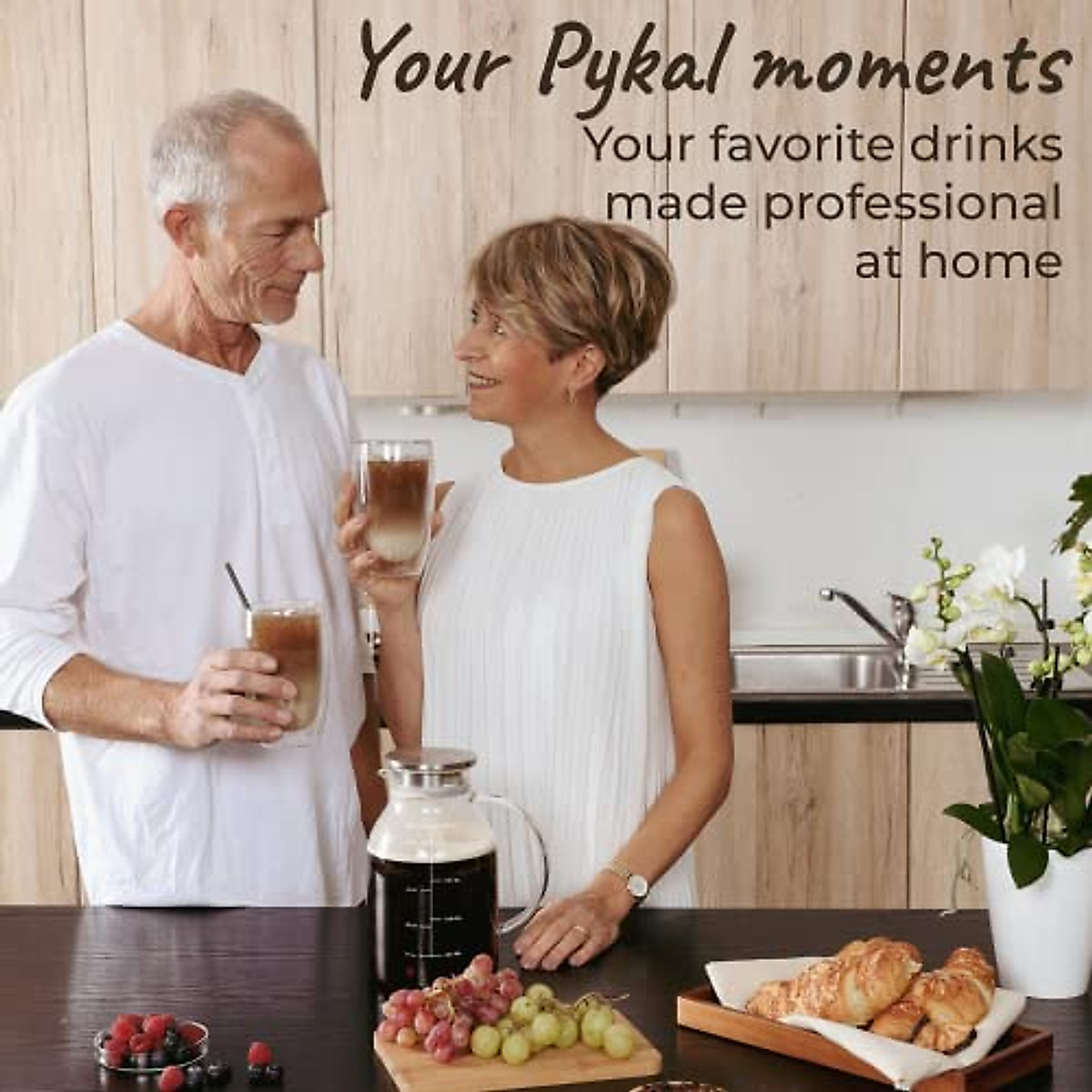 Pykal Glass Water Pitcher with Lid - 68 Oz - Heat Resistant Iced Tea or Coffee Jug with Handle and Lid - Borosilicate Pitchers for Hot or Cold Liquids - w/Free Brush