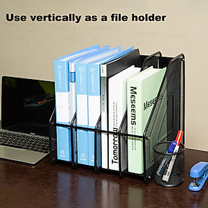 Cliselda Metal Mesh Magazine File Holder with 4 Vertical Compartments, Desk Organizers File Folders Holder, File Organizer Binder Holder Organizer for Desk Home Office School, Black