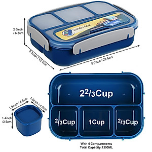 MaMix Bento Box Adult Lunch Box, Lunch Box Kids,Lunch Containers for Adults/Kids/Toddler,1300ML-4 Compartment Bento Lunch Box,with Accessories 4 Pcs Reusable Silicone Cups (Blue)