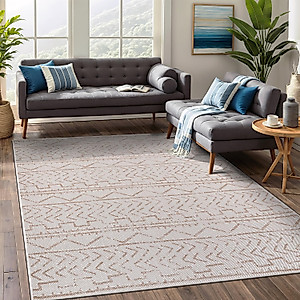Beverly Rug Waikiki Indoor Outdoor Rug 6x9, Washable Outside Carpet for Patio, Deck, Porch, Trellis Area Rug, Water Resistant, Beige - White