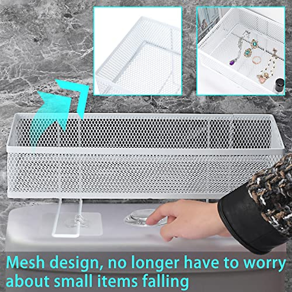 BSTKEY Metal Mesh Bathroom Over The Toilet Storage Shelf, Bathroom Storage Rack Toilet Tank Shelf Organizer with 2 Adhesive Hooks, Restroom Organizers Toilet Storage No Drilling Space Saver, White
