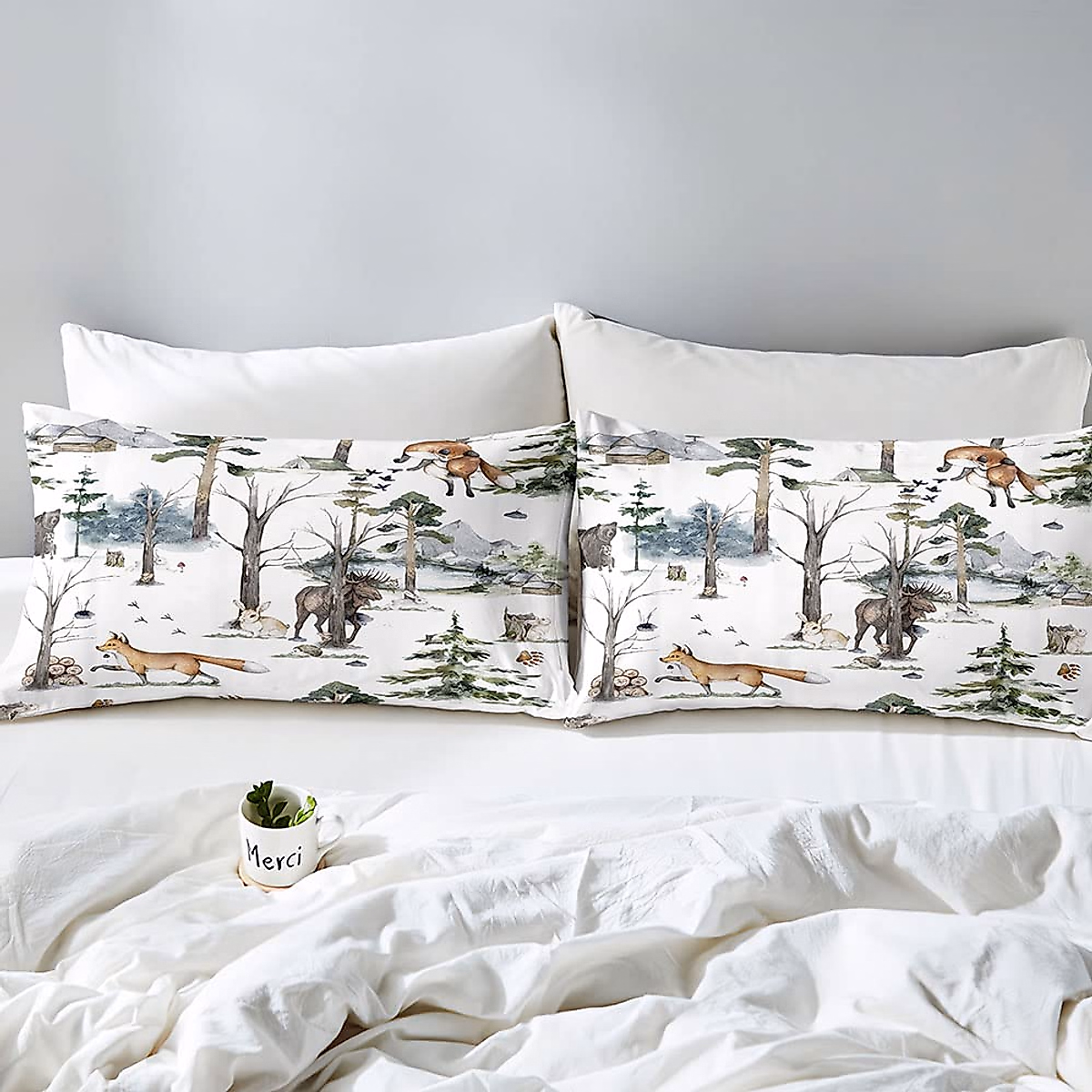 VIVIHOME 2PCS Woodland Animals Duvet Cover Set, Twin Bedding Sets, White Duvet Cover, Wildlife Rabbit Fox Deer Elk Moose Bear Camping Hunting Lodge Cabin Country Rustic Farmhouse Bedding, 1 Pillowcase