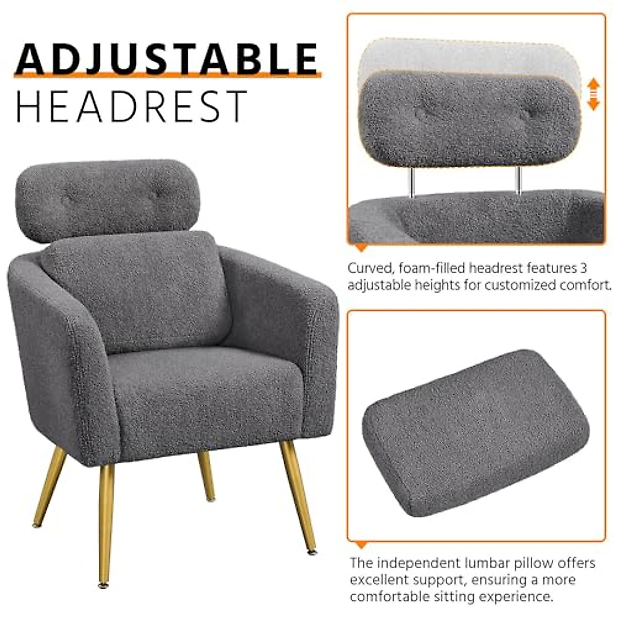 Yaheetech Accent Chair, Cozy Living Room Chair Adjustable Headrest, Boucle Vanity Chair Lumbar Pillow Golden Legs, Modern Armchair Bedroom, Dark Gray