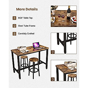 Recaceik 3 Piece Pub Dining Set, Modern bar Table and Stools for 2 Kitchen Counter Height Wood Top Bistro Easy Assemble for Breakfast Nook Living Room Small Space Restaurant, Rustic Brown 47"