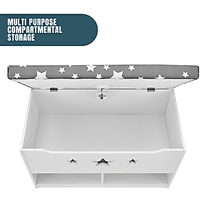 Sturdis Kids Toy Box – Gray & White with Cushion Storage Bench Seat, Toy Storage Chest And Cubby Space For Shoes And Books Organizers